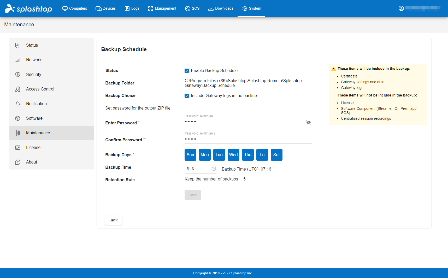Backup Schedule Splashtop On Prem Support 7610
