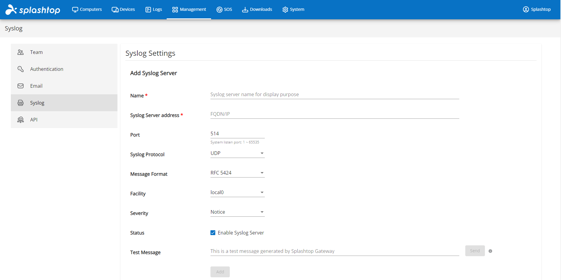 Syslog Integration – Splashtop On-Prem - Support